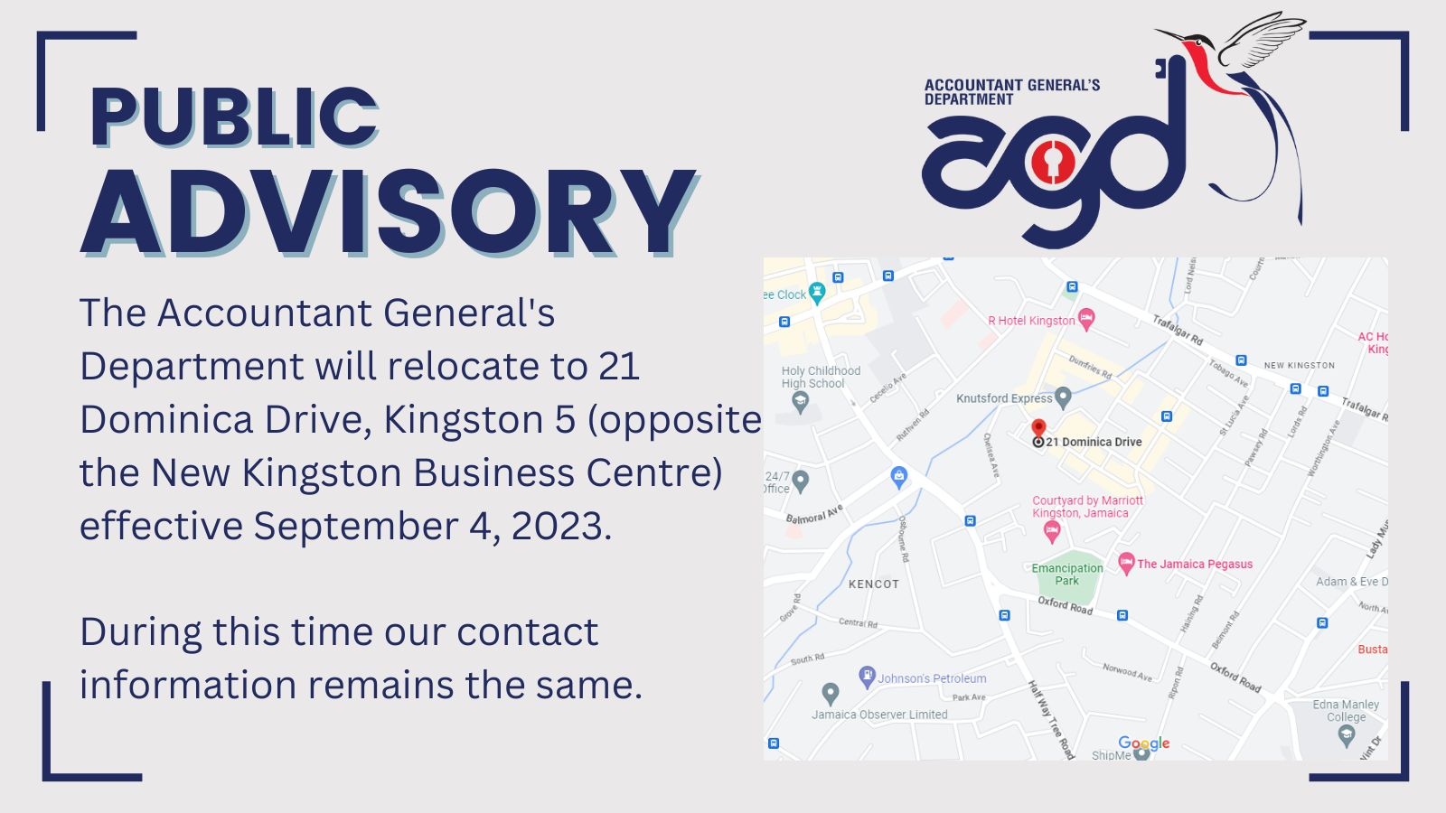 AGD Relocation Notice – Accountant General's Department